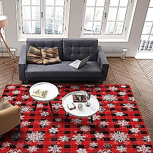Christmas Snowflake Area Rug, Anti-Slip Rug 2'x3', Stain Proof Rugs for Living Room, Soft Foldable Lightweight Machine Washable Area Rug Comfy Carpet, Merry Xmas Red Black Plaid