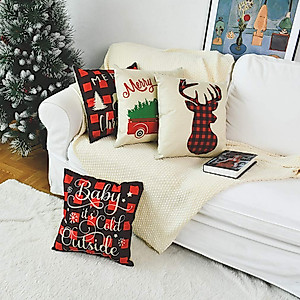 PSDWETS Christmas Pillow Covers Set of 4 Christmas Decorations Cotton Linen Winter Deer Christmas Decor Throw Cushion Cover 18 X 18