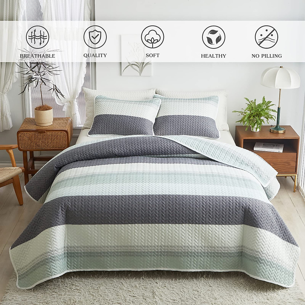 Flysheep Boho Striped Quilt Set Twin Size for Kids, 2 Pcs Green Grey and White Reversible Bedspread, Brushed Microfiber Coverlet for All Season, 1 Quilt + 1 Pillow Sham