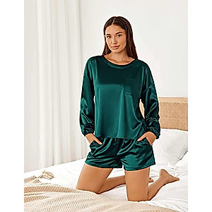 Ekouaer Satin Pajama Set for Women Silk Pajamas Set Satin Pj Set Long Sleeve Top and Shorts Two Piece Sleep Set Silky Sleepwear Lake Green Large