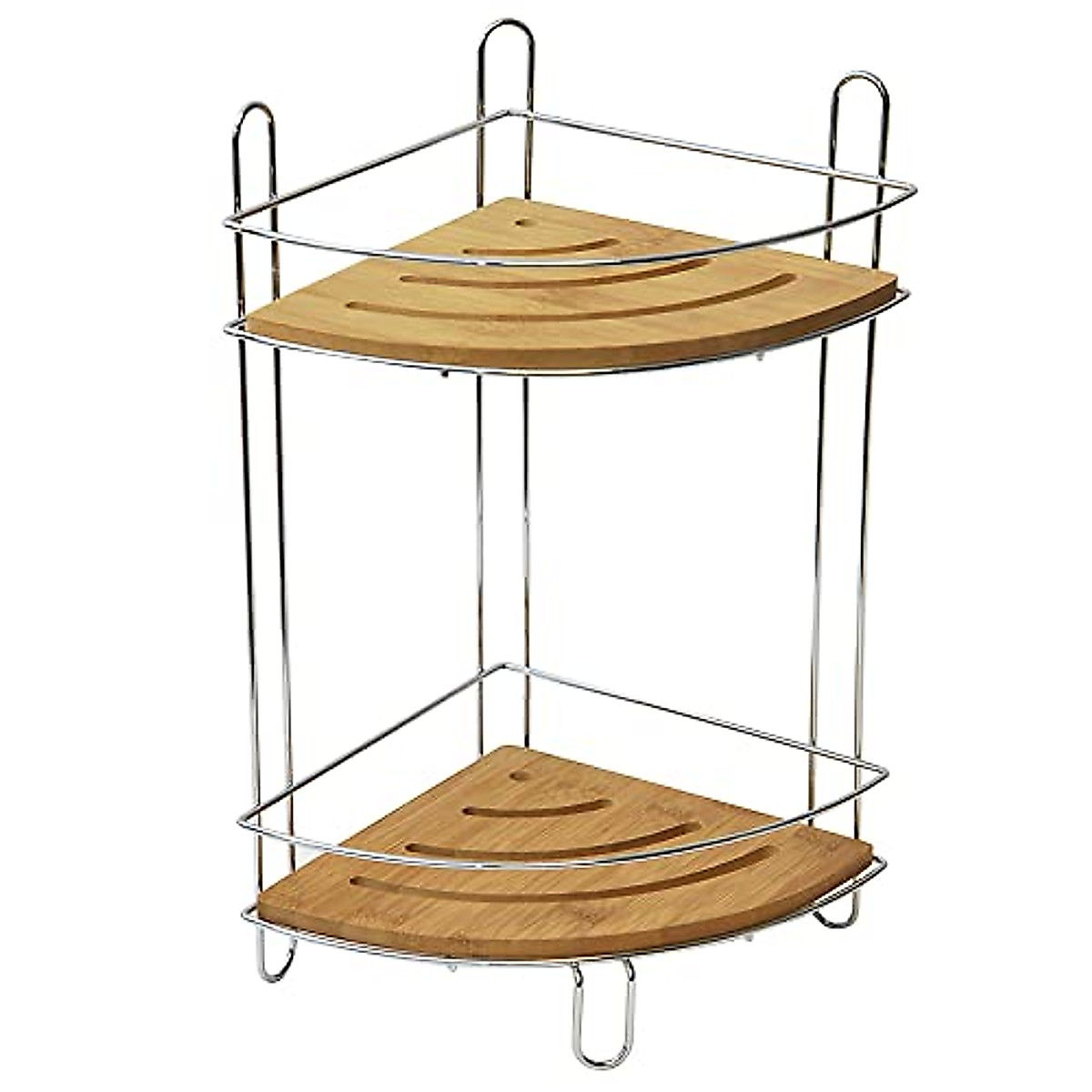 EVIDECO Free Standing Corner Shower Caddy, 2 Shelves, 8 L x8 W x 14.8 H, Chrome/Bamboo