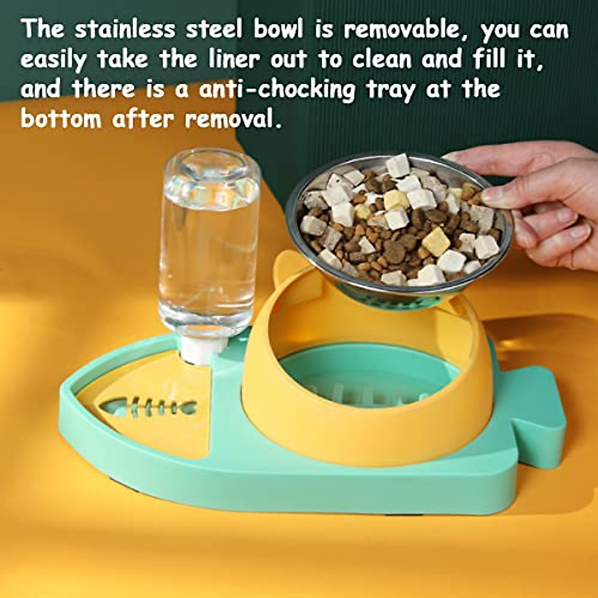 Pet Bowl Food and Water Two in One Feeder Anti-Choking Stainless Steel Dog Cat Bowl Kit Removable Automatic Water Refill No Spill Dripless Water Bottle Feeding Bowl (Blue)