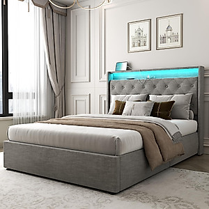 Loomie Full Lift Up Bed Frame with Charging Station & LED Lights, Upholstered Bed with Button Tufted Wingback Storage Headboard, Hydraulic Storage, No Box Spring Needed, Wood Slats Support,Light Grey