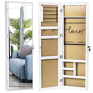 SZQINJI Jewelry Armoire Cabinet with Full-Length Mirror, Large Storage Jewelry Organizer, Wall/Door Mounted, Lockable, Pure White