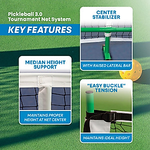 Pickleball 3.0 Tournament Net System - Portable, Lightweight, and Stable Pickleball Court Setup with Easy Buckle Tension System - Durable Steel Construction, Wide Bent Legs Mesh Net