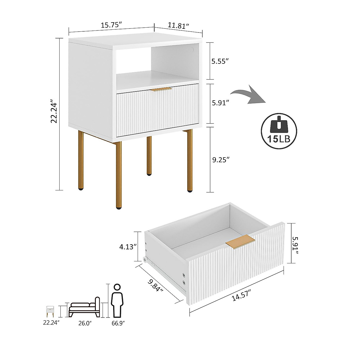 Masupu Nightstand,Mid-Century Modern Bedside Table with Storage Drawer and Open Wood Shelf,Small Gold Frame Side Table for Bedroom,Living Room,White