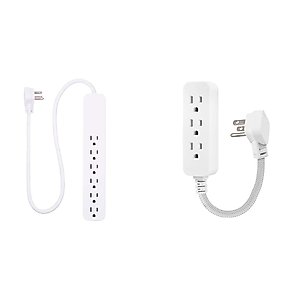 GE Power Strip Surge Protector, 6 Outlets, Flat Plug, 2ft Power Cord, Wall Mount, White, 40532 & Designer 1 Ft. Power Strip, 3 Grounded Outlets, Flat Plug, Mini Cord, Premium, White, 45190