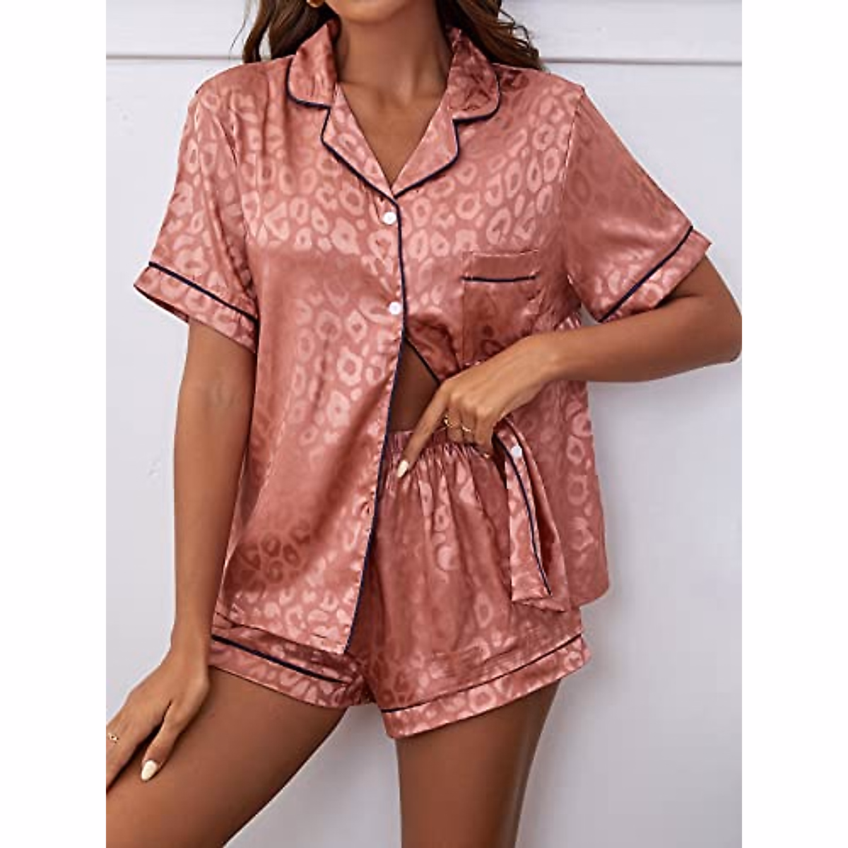 Floerns Women's Notch Collar Leopard Print Sleepwear Two Piece Pajama Set Pink Leopard S