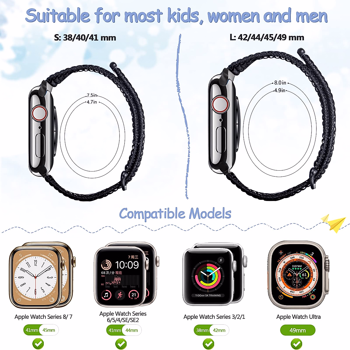 3-Pack Sport Loop Band Compatible for Kids Apple Watch Band 42mm(Series 10) 41mm 40mm 38mm, Nylon Braided Strap Bracelet for iWatch Series10/ 9/8/7/SE/SE2/6/5/4/3/2/1for Boys Girls,Black+Green+Blue