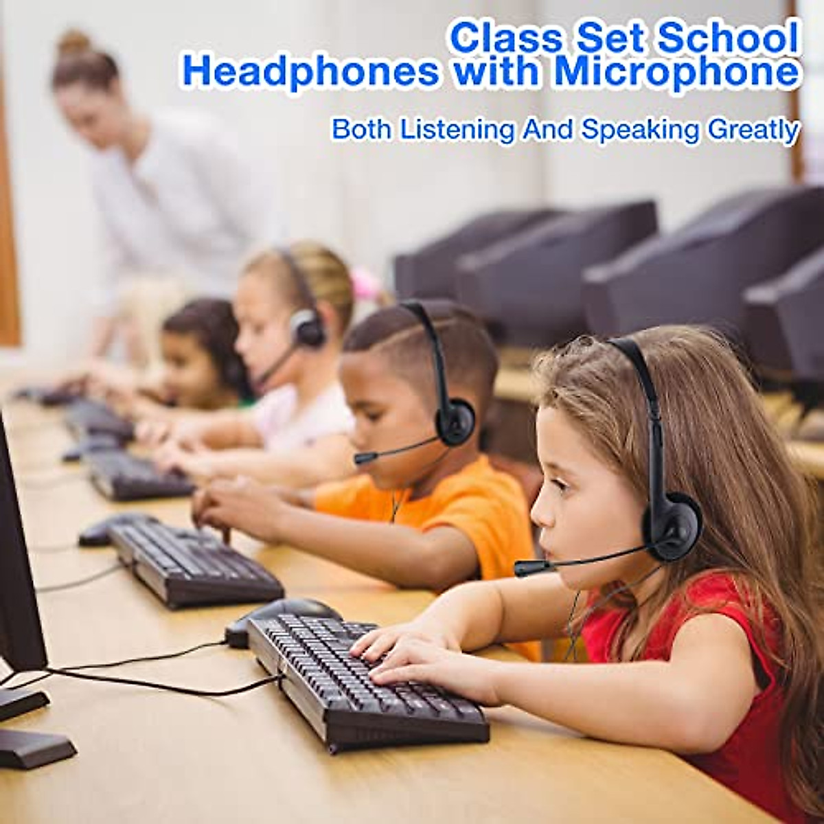 30 Pack Kids Classroom Headphones with Microphone School Student Headphones Bulk Class Set Lightweight Adjustable Earphones on Ear for Child Travel 3.5 Jack Universal Plug (Plastic Microphone Stem)