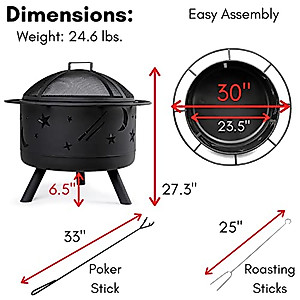 BIRDROCK HOME 30" Round Patio Fire Pit with Cover - Stars & Moon Pattern - 30 - Outdoor Backyard Lawn Garden - Light Weight Metal Fire Ring - 4 Roasting Sticks - Lid Lift Tool and Fire Poker