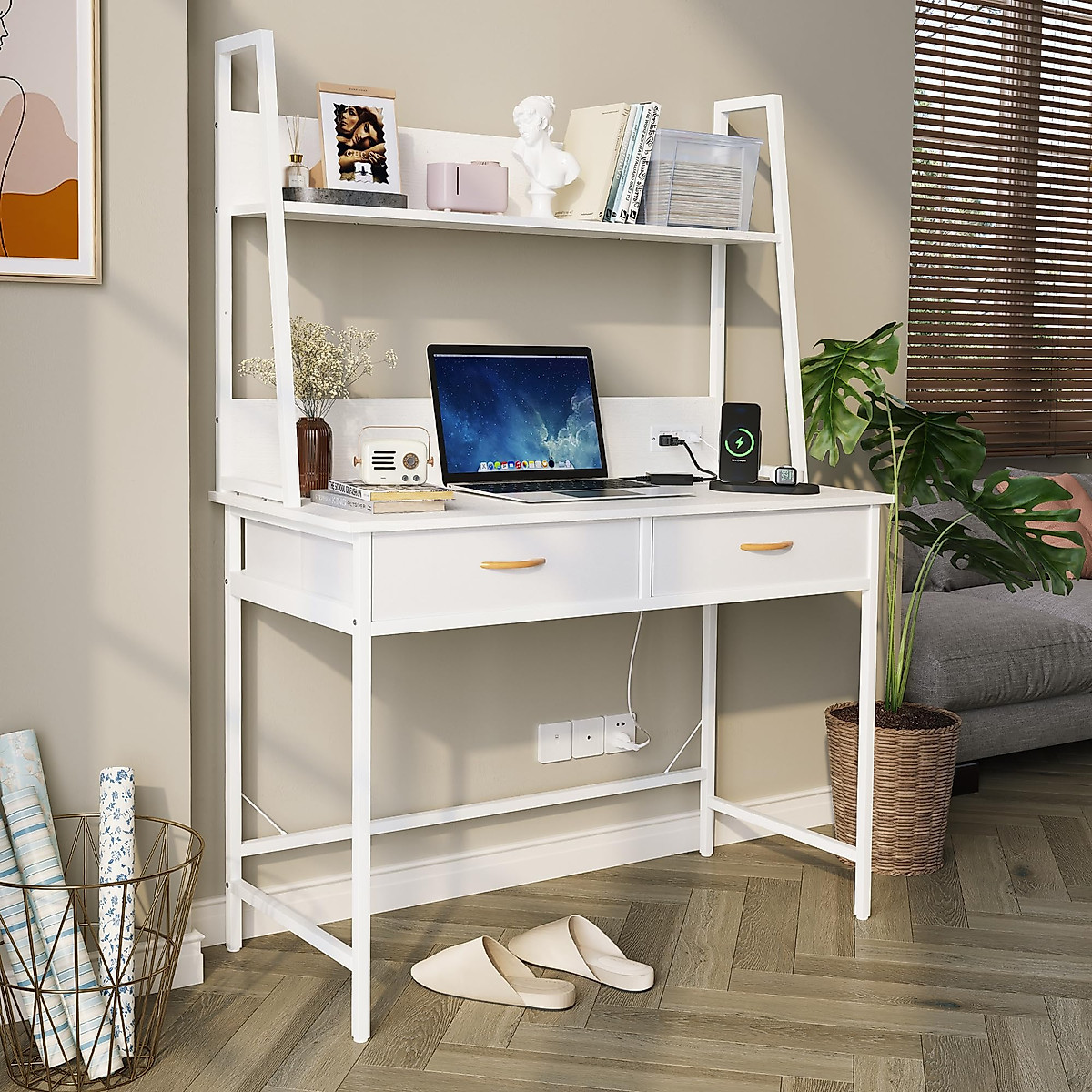 JOINHOM Home Office Desk with Drawers - Small Desks with Hutch & Book Shelves, Study Table for Small Spaces, Computer Desk with Power Outlet and USB Charging Ports, White
