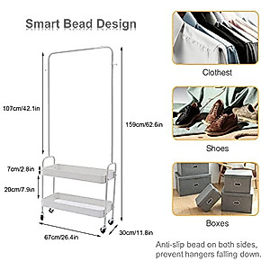 DYRABREST Simple Design 2-In 1 Garment Rack with Wheels Clothing Rack With 2 Tier Metal Basket Clothes Organizer Rack Laundry Cart with Hanging Rack for Home Bedroom (White)