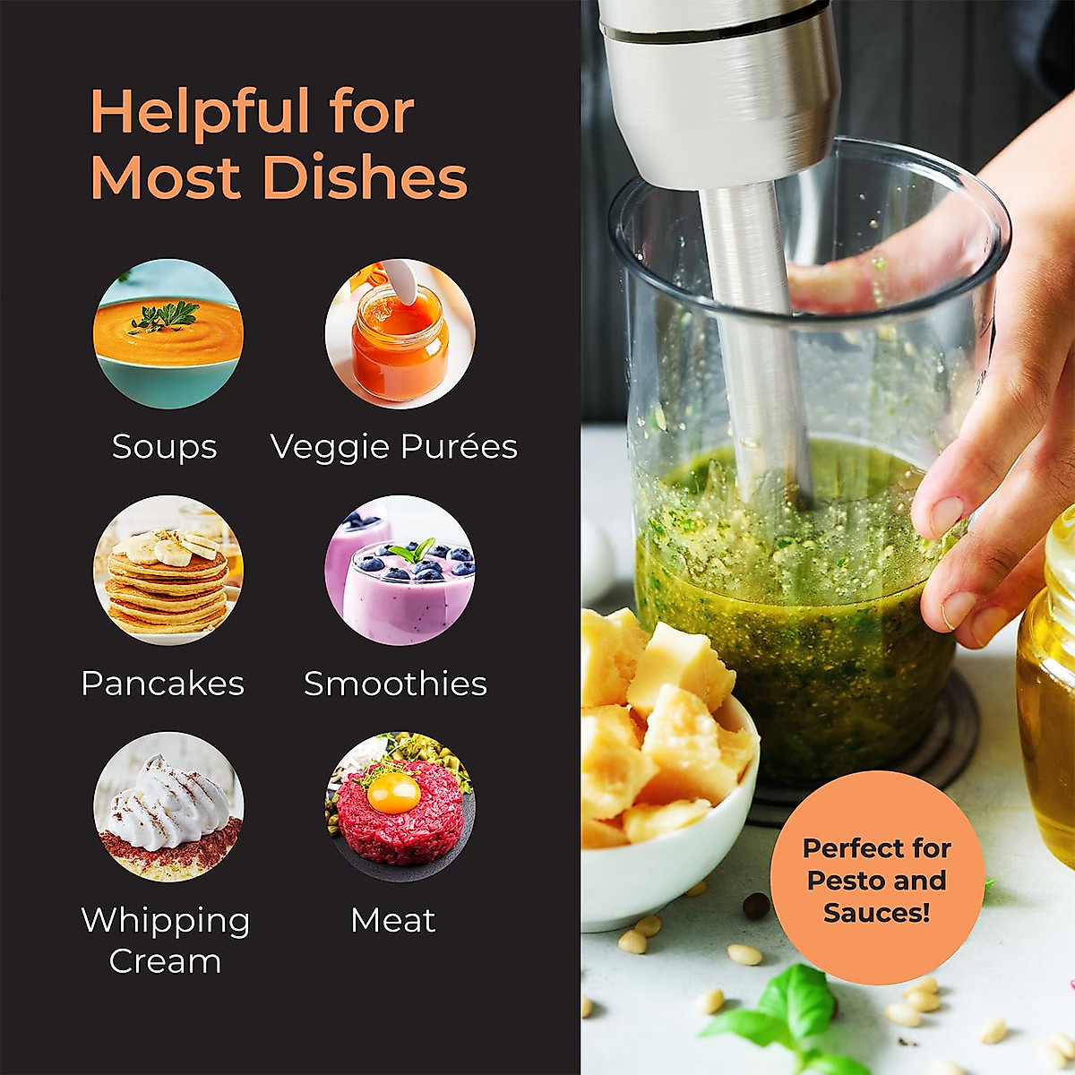 Mueller Ultra-Stick 500 Watt 9-Speed Immersion Multi-Purpose Hand Blender Heavy Duty Copper Motor Brushed 304 Stainless Steel With Whisk, Milk Frother Attachments