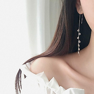 925 Sterling Silver Tassel Drop Earrings Long CZ Droplet Dangle Threader Earrings for Women