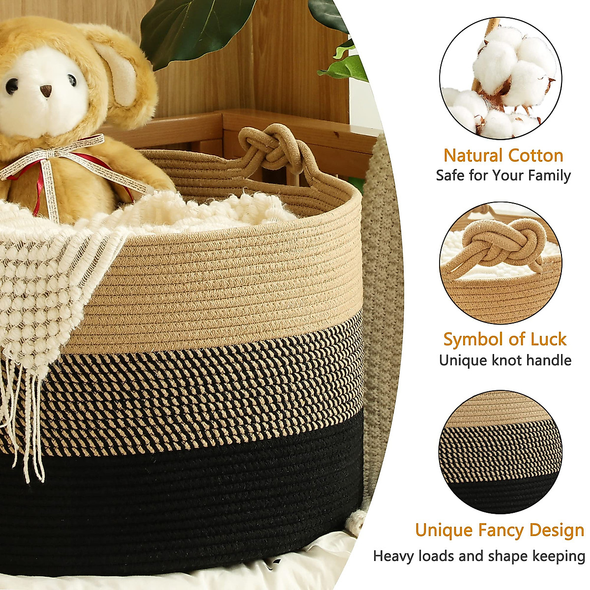 KAKAMAY Large Blanket Basket,Woven Baby Laundry Hamper for Storage, Cotton Rope Blankets Baskets for Nursery, Laundry, Living Room, Pillows, Baby Toy Chest with Handles (Black)
