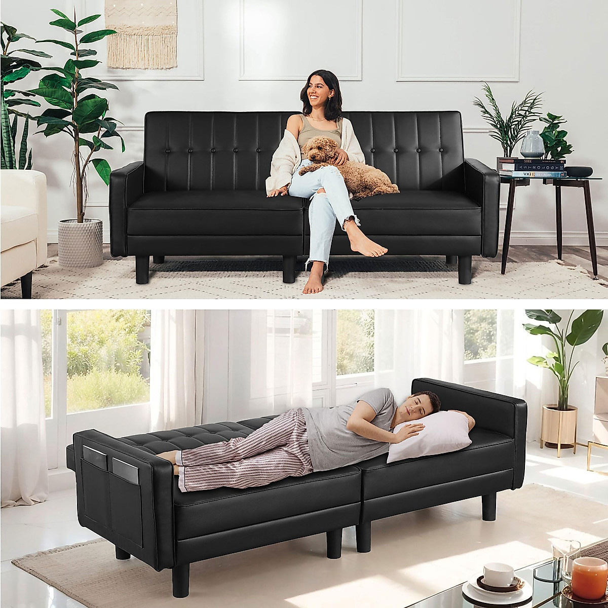 Oprisen 72” Sleeper Futon Sofa Chair Faux Leather Convertible Loveseat Sofa Bed Mid-Century Modern Sofa Tufted Couch for Office/Livingroom/Small Space w/Adjust Backrest/Side Pockets (Black, 2-Seater)