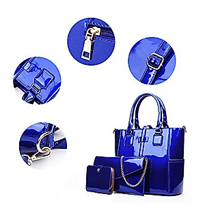 Yan Show Women's New Zipper Bag 3PCS Handbags Patent Leather Fashion Shoulder Bag Large Capacity Handbag, Blue