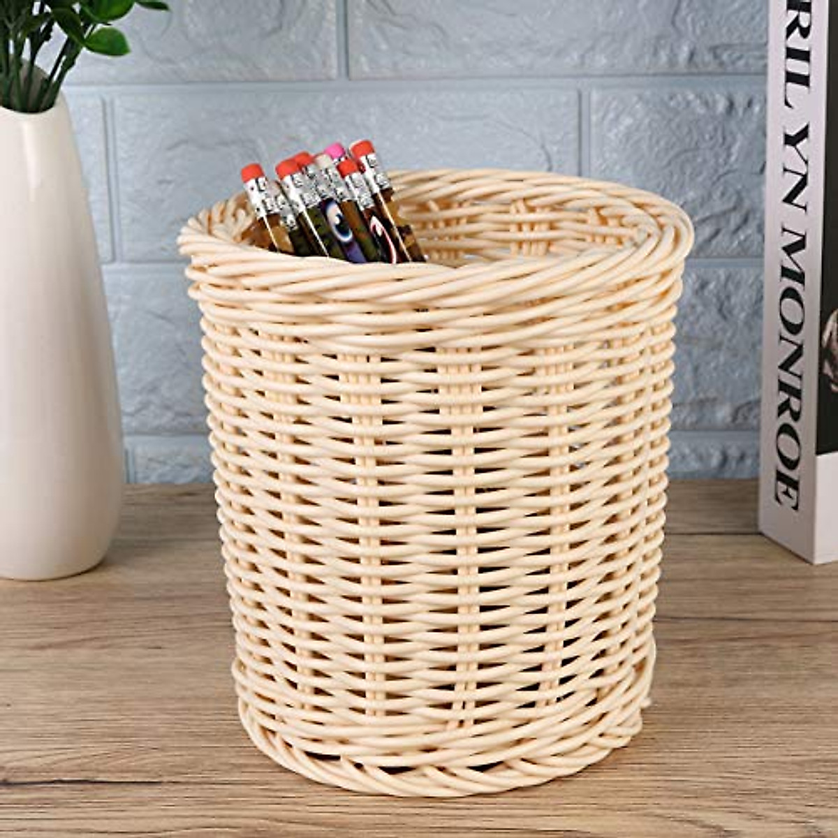 Zerodeko Woven Storage Baskets Round Rattan Waste Basket Woven Trash Can Paper Waste Basket Straw Wicker Sundries Storage Basket Garbage Container Bin for Bathroom Kitchen Beige Woven Baskets