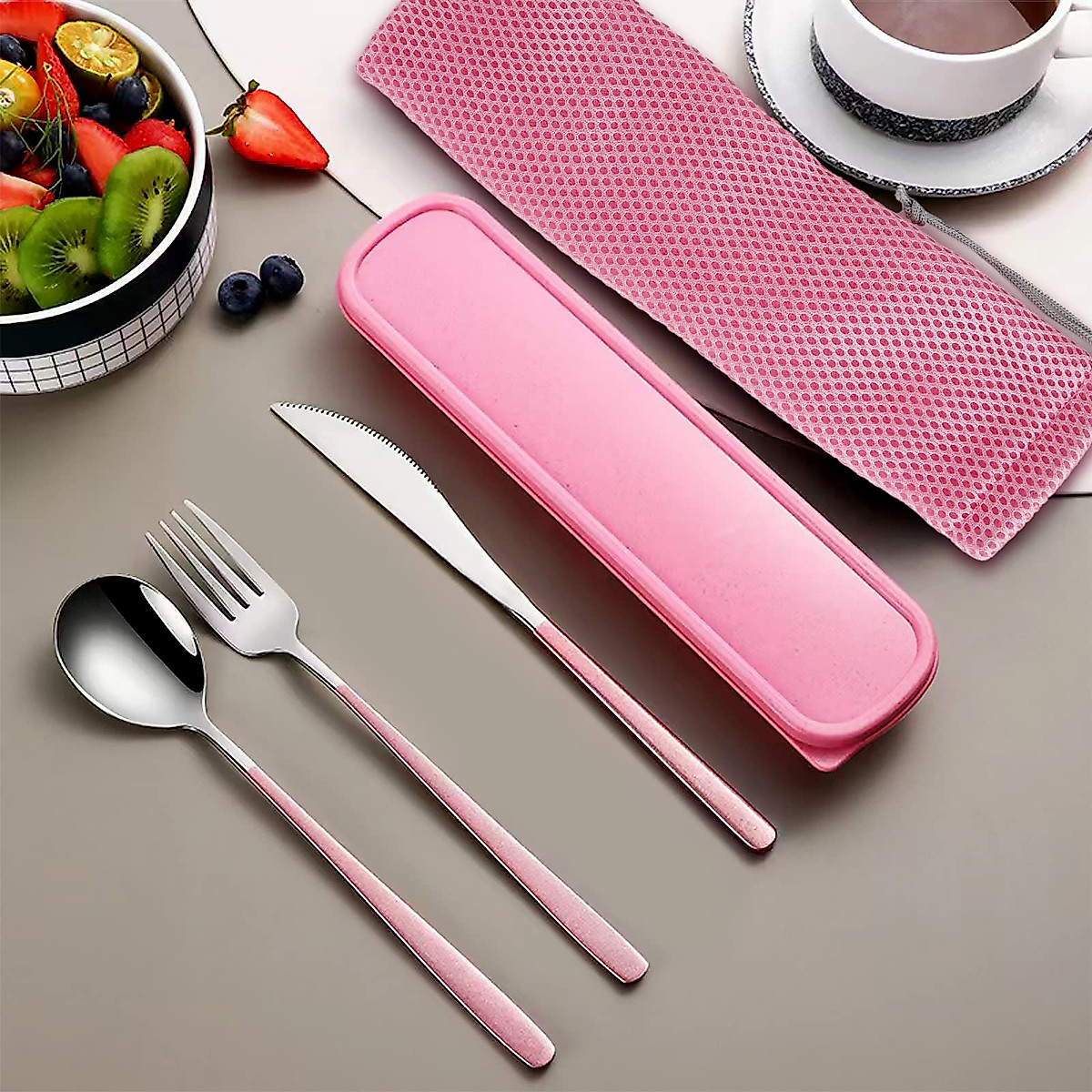 5 Pcs Portable Stainless Steel Flatware Set, Travel Reusable Utensils Set, Cutlery Set Including Knife, Fork, Spoon, and Carry Case for School, Office, Camping, and Picnic (pink)