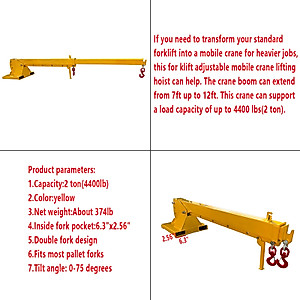 WYDDDARY Adjustable Mobile Crane Lifting Hoist Truss Jib Boom Hook Forklift Telescopic Arm with Adjustable Tilt Angle for Forklift Towing Handling(4400LbS Lift Capacity)