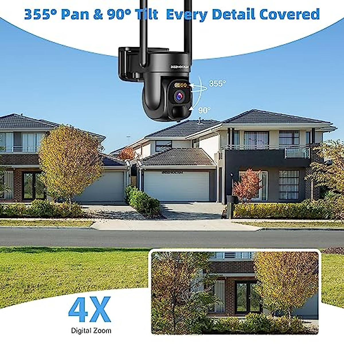 3K 5Dbi Solar Security Cameras Wireless Outdoor Cameras for Home Security, 5MP 4X Digital Zoom 360° PTZ Battery Powered WiFi Camera with Spotlight Siren,Color Night Vision,Motion Detection,2-Way Audio