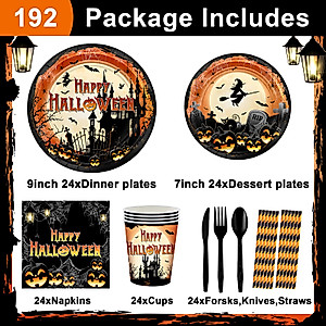 Avezano 192 Pcs Halloween Paper Plates and Napkins Happy Halloween Tableware Scary Moon Night Halloween Birthday Baby Shower Party Decorations Serve 24 (Orange)