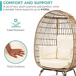 Best Choice Products Wicker Egg Chair, Oversized Indoor Outdoor Lounger for Patio, Backyard, Living Room w/ 4 Cushions, Steel Frame, 440lb Capacity - Ivory