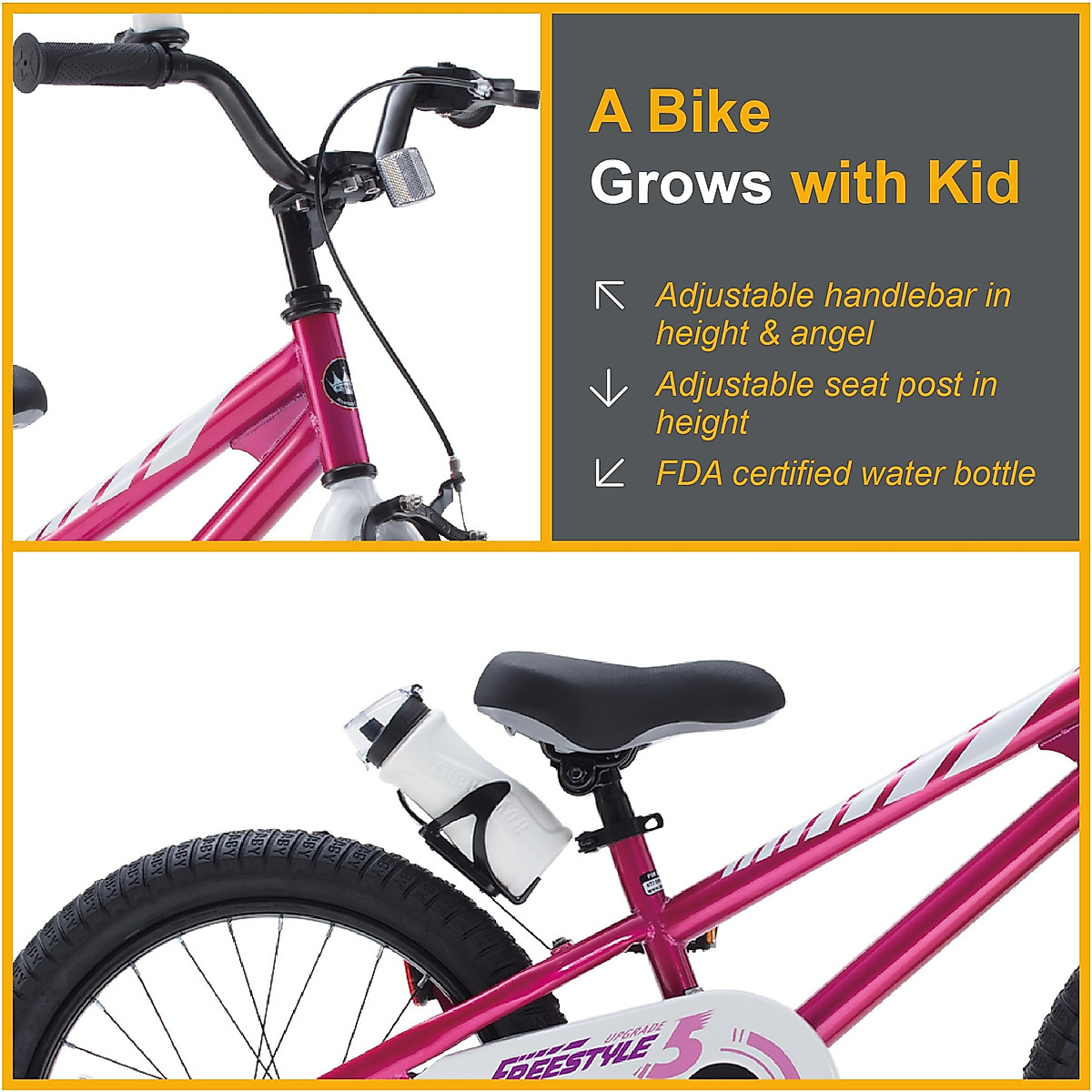 RoyalBaby Freestyle Kids Bike for Boys Girls Childrens Bicycle with Kickstand, 18 Inch Fuchsia