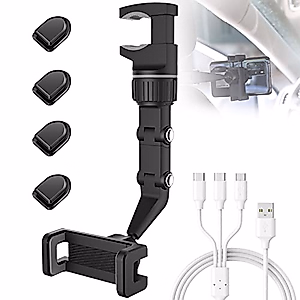 360 Degrees Rearview Mirror Phone Holder Multifunctional Rotating Car Phone Bracket,Phone and GPS Holder Universal 360° Car Phone Holder for Most Phones with Car Hook and 3 in 1 Data Cable (Black)