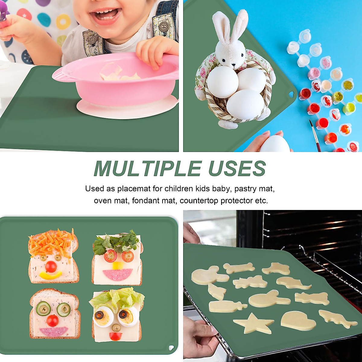 Silicone Kids Placemats, Non-Slip Silicon Placemats for Kids Baby Toddlers Childrens, Portable Baby Placemat for Dining Table, 2Pack (Dark Green 2Set)