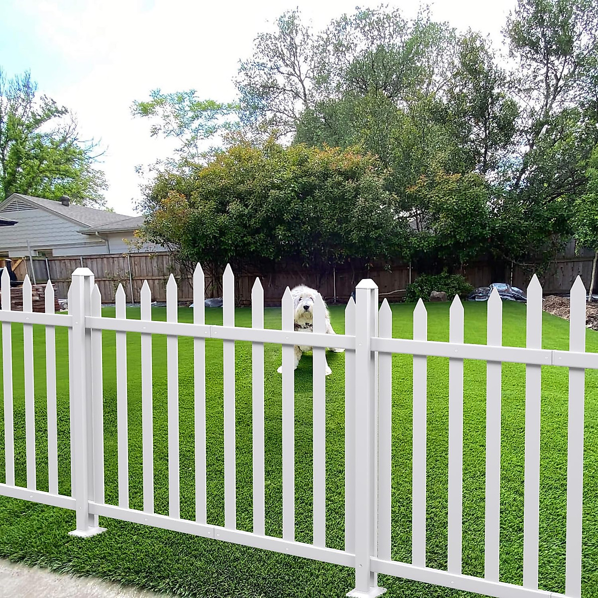 E&K 36"H x 84"W Vinyl White Picket Fence Panels Decorative Fencing for Front Porch Yard Garden Pool (20 Pickets, Scallop)