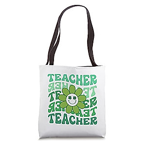 Retro Groovy Wavy Teacher Smiling Face Daisy St Patricks Day Tote Bag