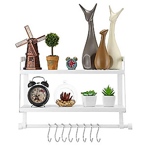 Halcent Wall Shelves Wood Floating Shelves, 2 Tier Storage Shelves Bathroom Shelf Kitchen Spice Rack with 8 Hooks for Bathroom Kitchen Utensils