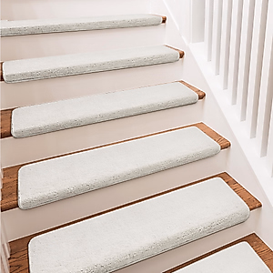 PURE ERA Carpet Stair Treads Ultra Plush 9.5" X 30"Soft Bullnose Indoor Stair Protectors Pet-Friendly Non-Slip Skid Resistant Tape Free Washable Reusable(2 Pieces,White)