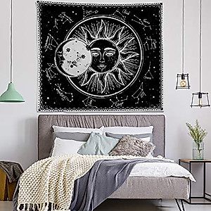 Instruban Sun and Moon Tapestry - Black and White Burning Sun God with 12 Constellations Stars - Psychedelic Wall Hanging for Bedroom & Living Room - 51.2 x 59.1 Inches