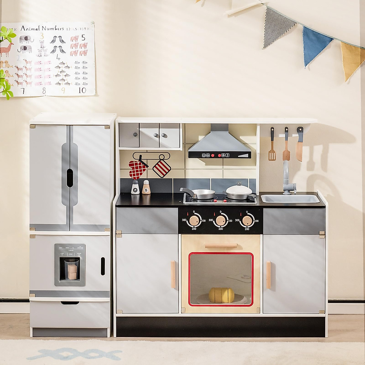 HONEY JOY Kids Kitchen Playset, 2-Piece Modular Wooden Play Kitchen for Toddlers & Refrigerator with Ice Maker, Range Hood, Oven, Little Chef Pretend Toy Kitchen Set with Light & Sound, Gray