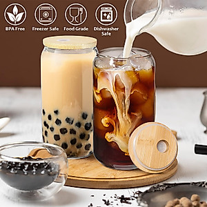 Ritzy Home Shopping - Aesthetic Set of 4-16 Oz Tumbler Glasses with Bamboo Lids and Glass Straws - Clear Drinking Glass Design for Iced Coffee, Tea, Cocktail, latte or Beer.