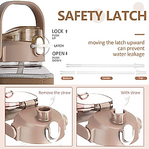 Goswe 64oz Glass Water Bottle with Straw and Handle Lid, Storage Sleeve, Half Gallon Large Reusable Sports Motivational Glass Bottle with Time Marker, Leakproof and BPA-Free,Khaki