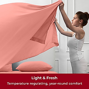 Mellanni Twin Sheet Set - 4-Piece Iconic Collection Bedding, (Including 2 Pillowcases), 16-Inch Deep Pocket, Easy Care, Extra Soft, Cooling Sheets, Brushed Microfiber - Coral