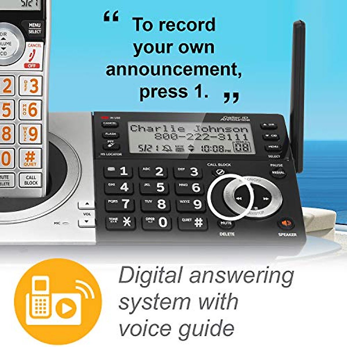 AT&T CL83507 DECT 6.0 5-Handset Cordless Phone for Home with Dual Keypad Base, Answering Machine, Call Blocking, Caller ID Announcer, Intercom and Long Range, Silver/Black