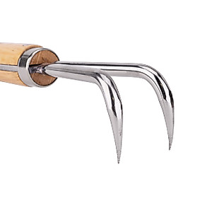 Nisaku NJP956 Nekaki Nihondume Handheld Double Claw Cultivator, Japanese Stainless Steel Tine Length 1.5-Inch, 5.5-Inch Polished Wood Handle