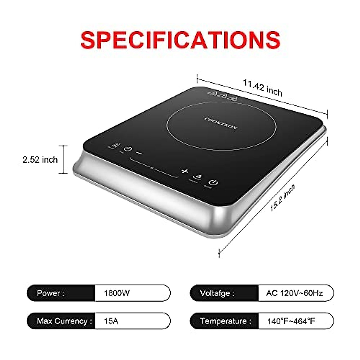 COOKTRON Portable Induction Cooktop 1800W, 10 Temperature 9 Settings Induction Countertop Single Burner with 4H Timer, Sensor Touch Induction Cooker with Kids Safety Lock, black (AAMUS-CT-FS-IC312)
