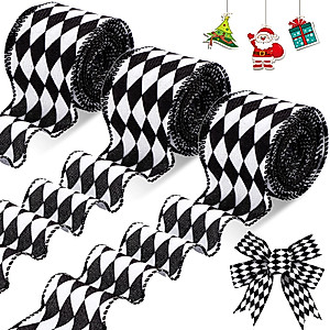 3 Rolls 2.5 Inch 30 Yards Black White Harlequin Ribbon Halloween Christmas Checkered Wired Ribbon Decorative Ribbons for Xmas Fall Tree Wrapping Wreath Bouquet Crafts