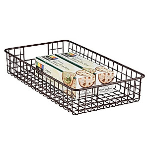 mDesign Metal Wire Food Storage Shallow Bin Basket with Handles for Organizing Kitchen Cabinets, Counter, Pantry Shelf - Perfect for Snacks, Drinks - Concerto Collection - Bronze