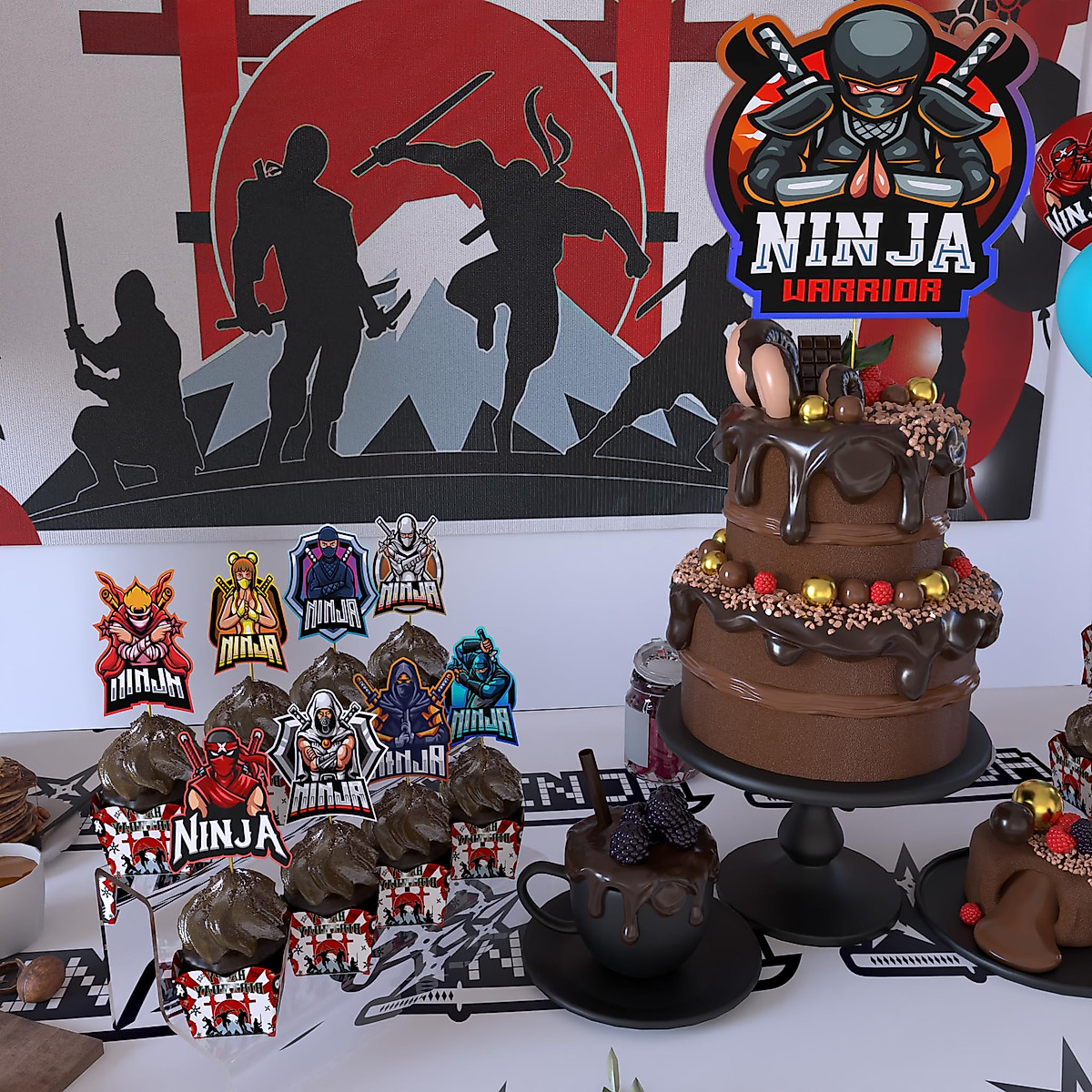 Nelton Ninja Party Supplies Includes Cake Topper, 24 Cupcake Toppers, 20 Latex Balloons, Happy Birthday Backdrop, 1 Table Cloth , 1 Banner