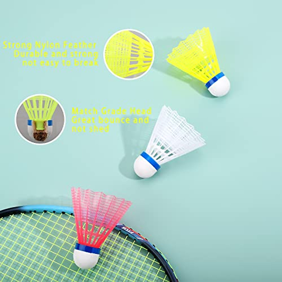 PULEEBO 12 Pack Badminton Birdies Nylon Feather Badminton Shuttlecocks for Beginners Kids Adults, Shuttlecock for Badminton Outdoor Training Play 1 Dozen Balls 4 Yellow 4 White 4 Pink