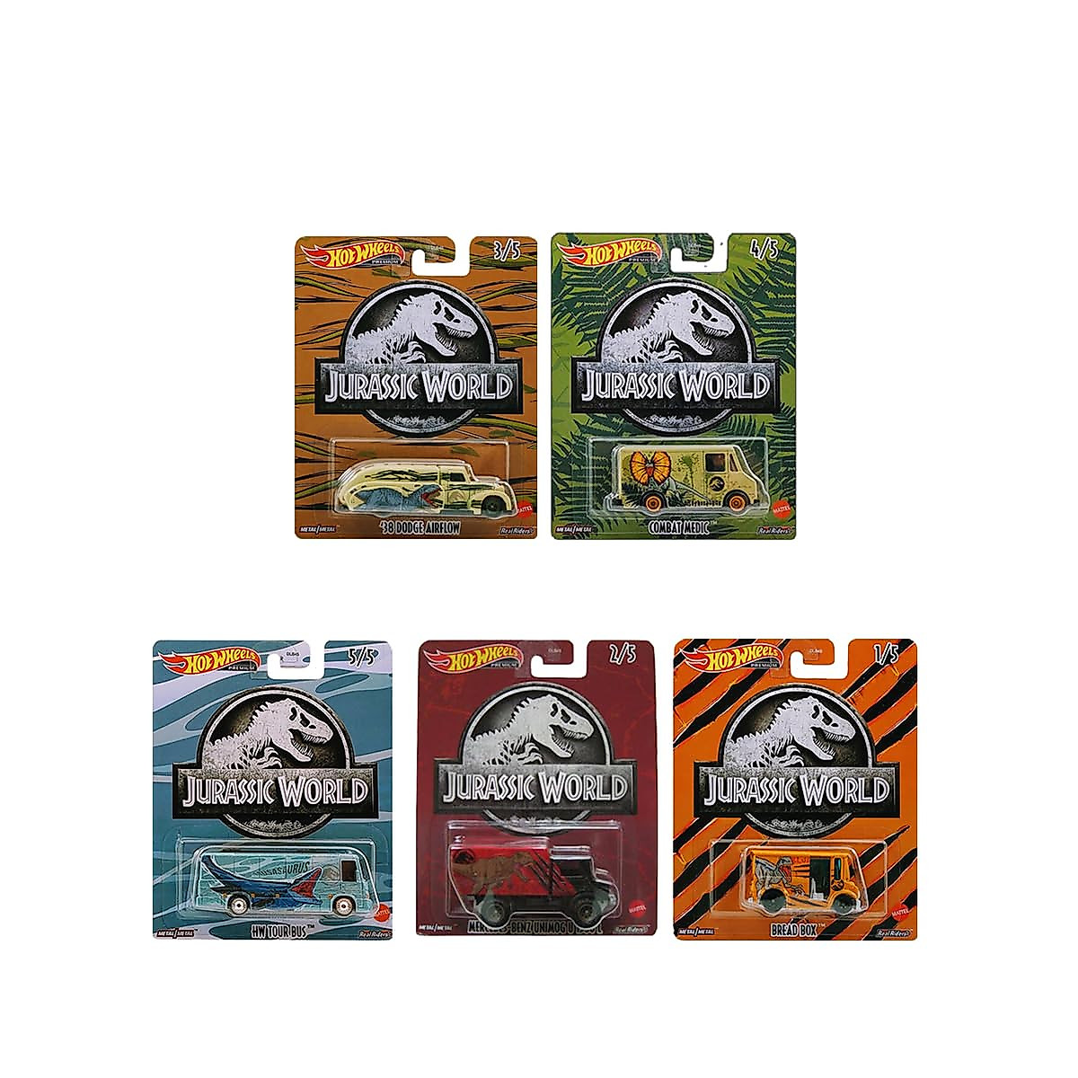Hot Wheels Jurassic World 2022 Premium Pop Culture Complete 5 Car Diecast Set DLB45-946Q Release
