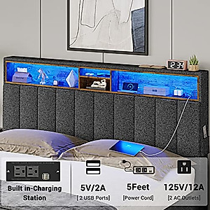 ADORNEVE Queen LED Bed Frame with Outlet and USB Ports, Queen Bed Frame with Storage Headboard, Modern Platform Bed with Storage & LED Lights, No Box Spring Needed, Easy Assembly, Dark Grey