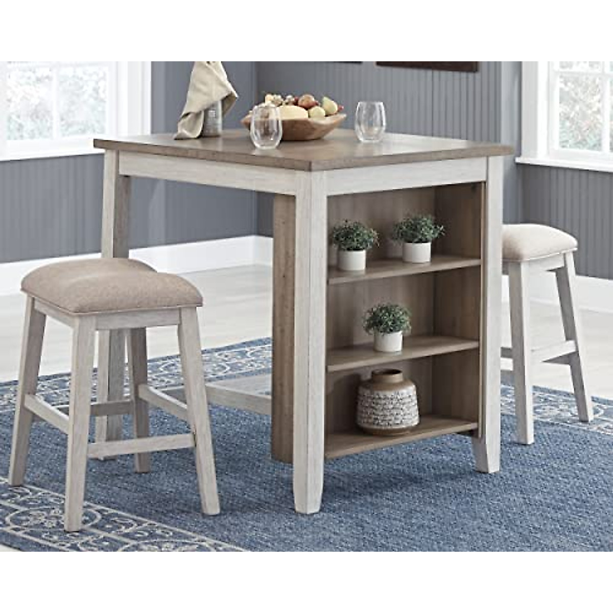 Signature Design by Ashley Skempton 3 Piece Counter Height Dining Set, Includes Table and 2 Barstools, Whitewash